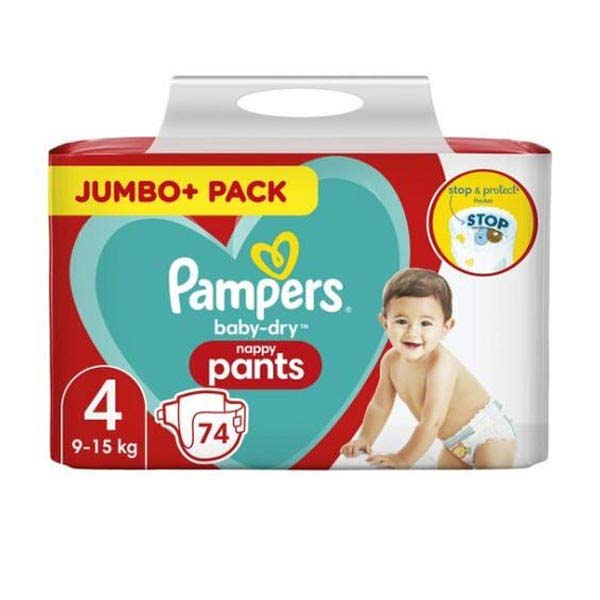Pampers Baby-Dry Nappy Pants Size 4, 9-15kg, Pack of 74 Pcs