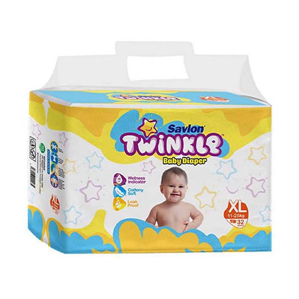 Savlon Twinkle Baby Belt Diaper, XL Size (11-25 kg), Pack of 32 Pieces